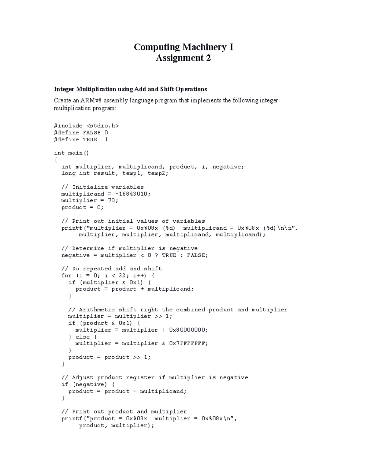 Assignment 2 Computing Machinery I Assignment 2 Integer Multiplication Using Add And Shift
