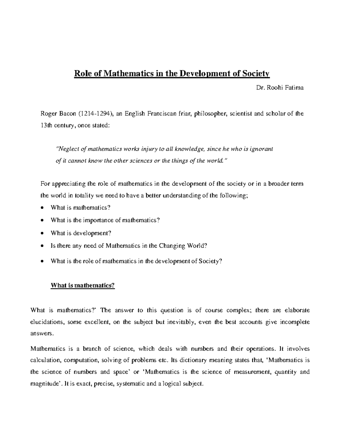 Roleof Mathematicsinthe Developmentof Society - Role of Mathematics in ...