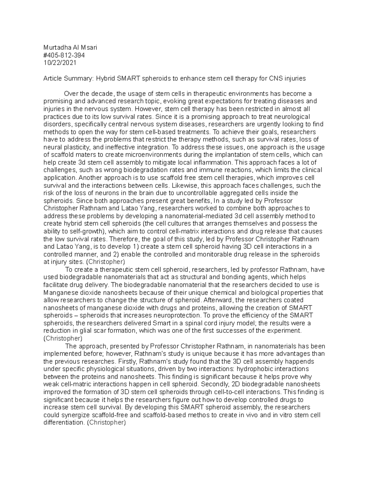 Article Summary I - Murtadha Al Msari #405-812- 10/22/ Article Summary: Hybrid SMART spheroids ...