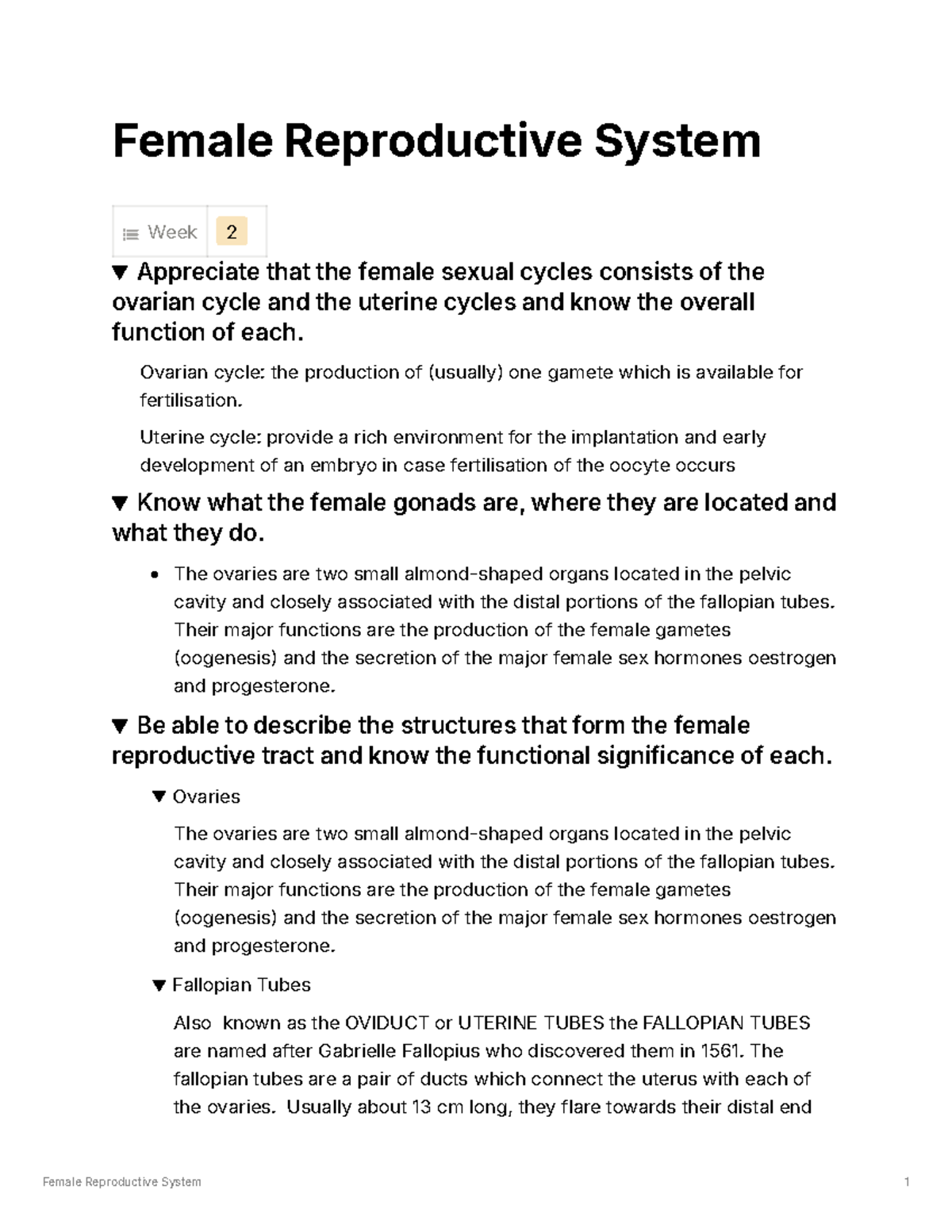 Female Repro Notes - Female Reproductive System 1 Female Reproductive ...