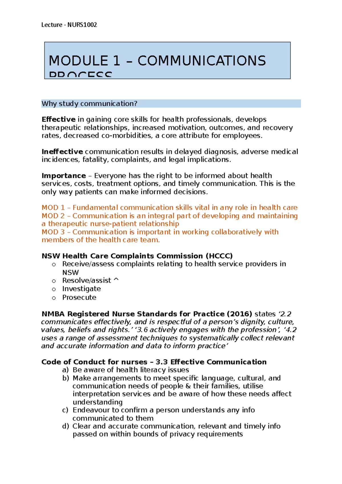 NURS1002 Tutorial/Week 1 - Lecture - NURS Why study communication ...