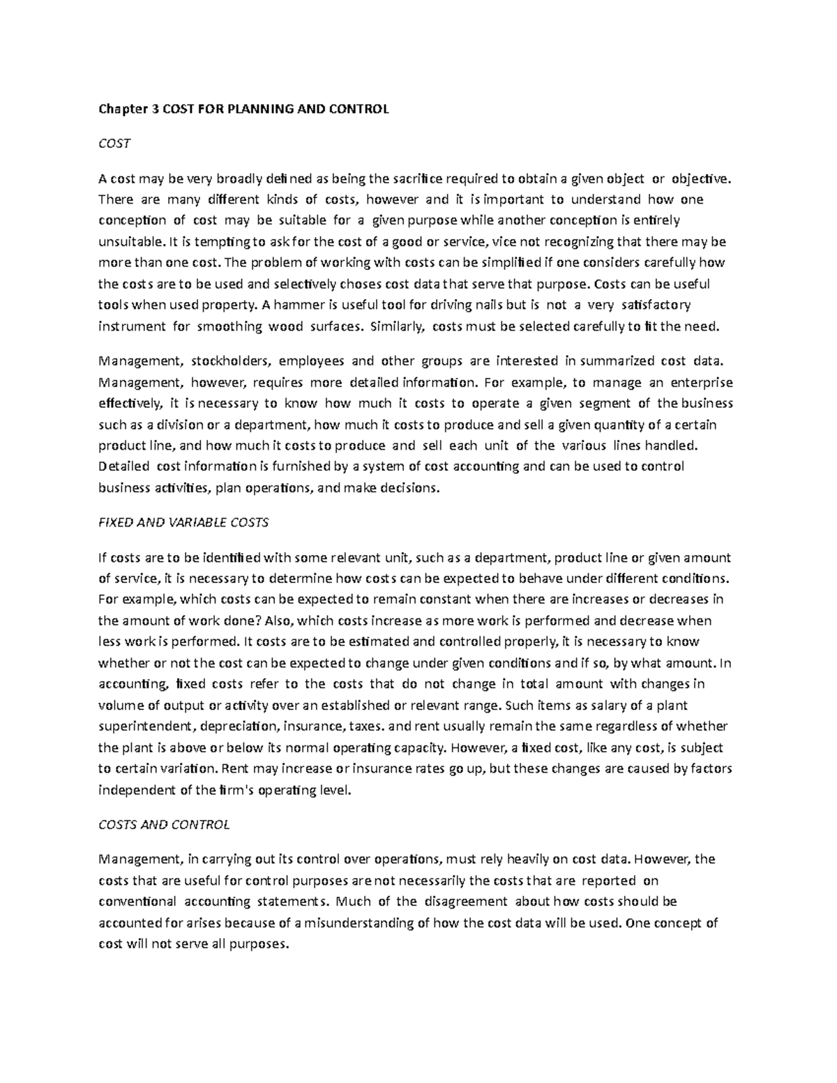 Chapter 3 COST FOR Planning AND Control - Chapter 3 COST FOR PLANNING ...