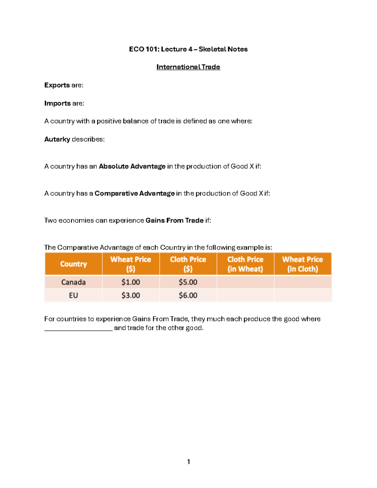 ECO101 SN Lecture 4 - ECO 101: Lecture 4 – Skeletal Notes International ...