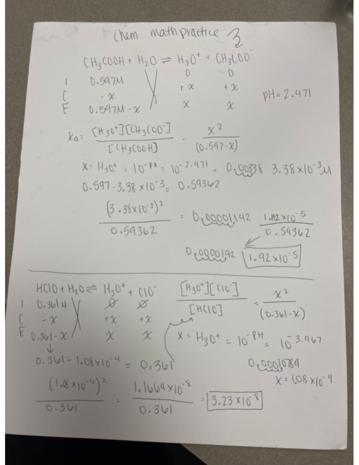 Chem math ~ ICE tables - CHEM 112 - chem math practice 3 H2O CH3L00 0 0 ...