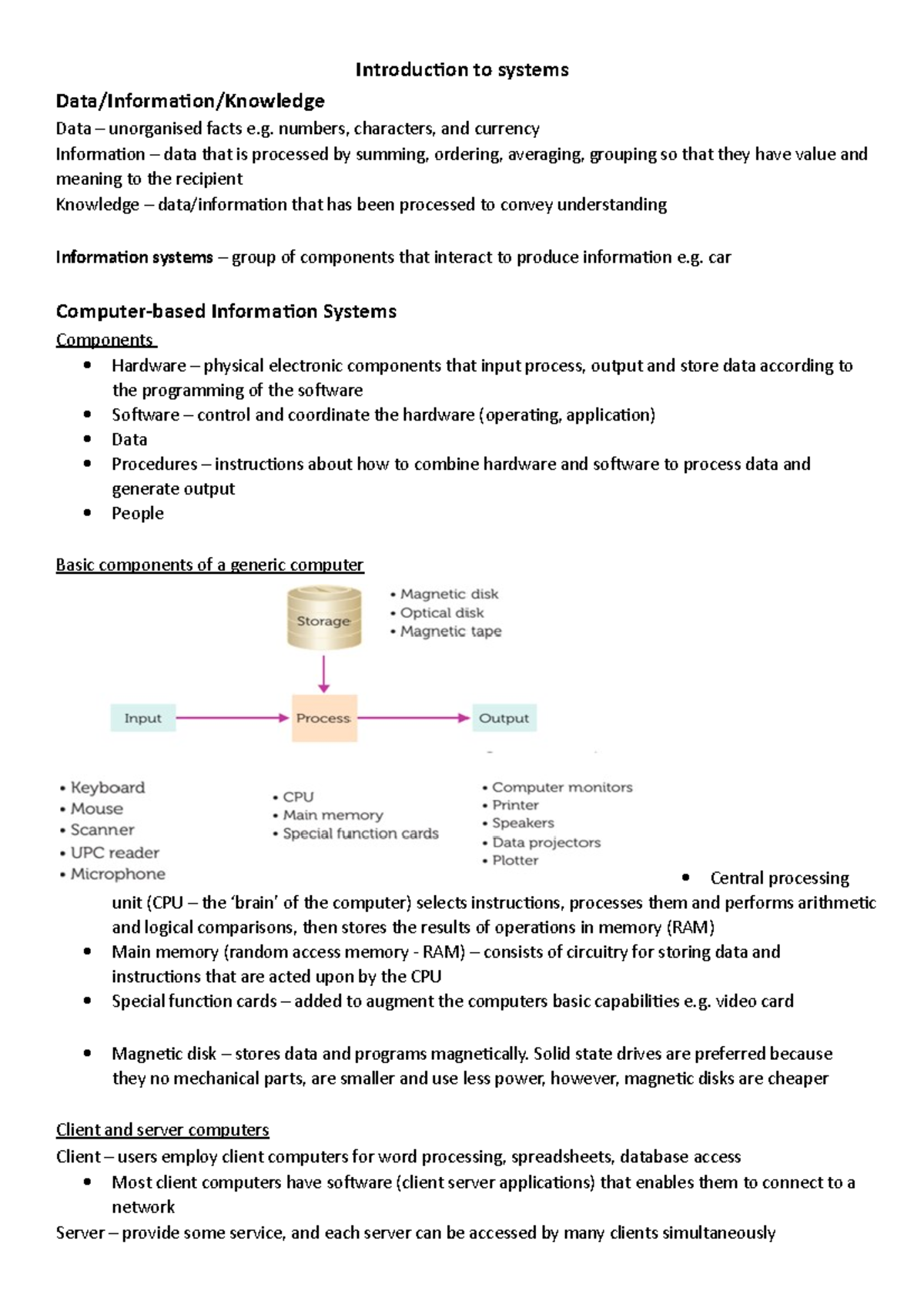 Information systems notes - Introduction to systems Data/Information ...