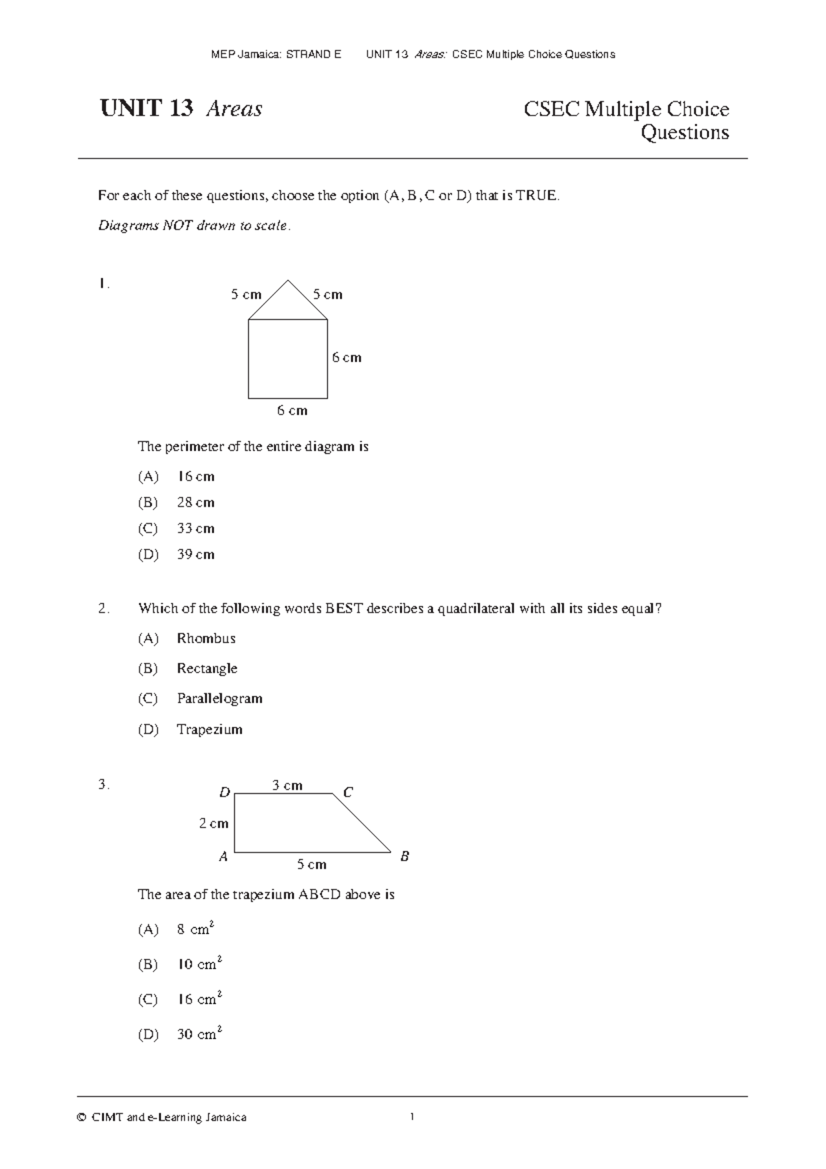 Csecmultiplechoice - areas - UNIT 13 Areas CSEC Multiple Choice Questions For each of these ...