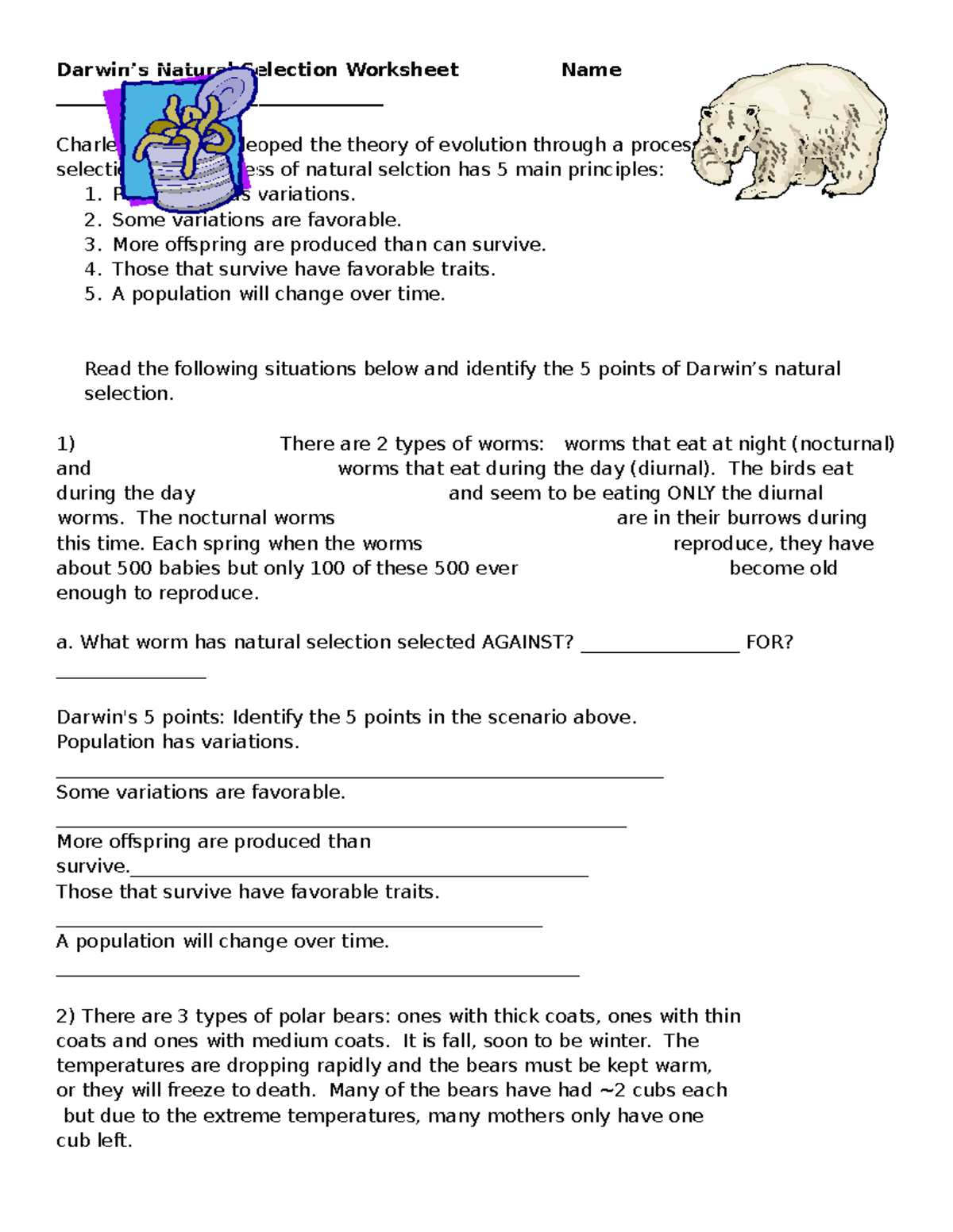 Darwin and Natural Selection - Darwin’s Natural Selection Worksheet ...