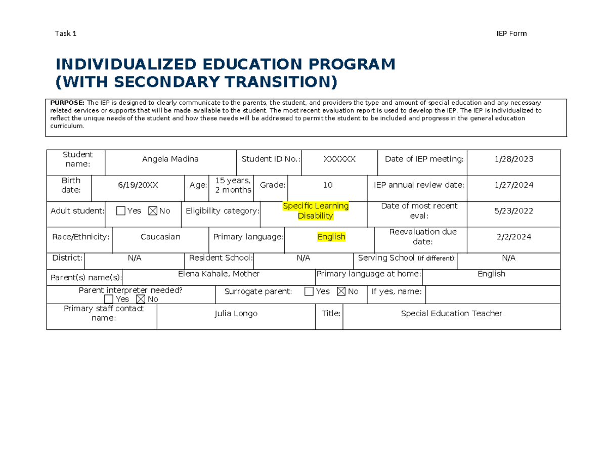 IEP Creation - D231 - INDIVIDUALIZED EDUCATION PROGRAM (WITH SECONDARY ...