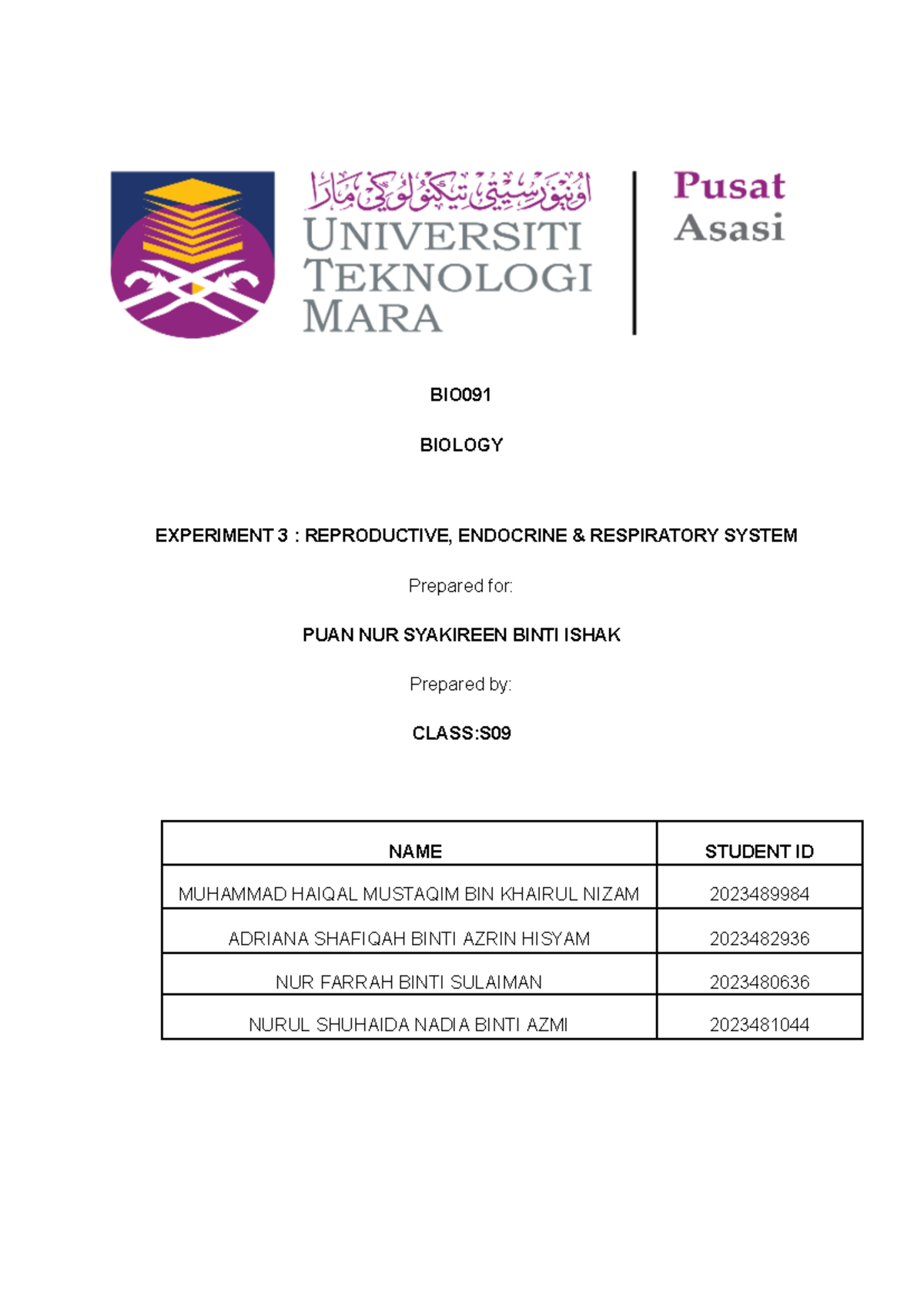 Lab report bio 3 - Experiment 3: Reproductive, Endocrine, Respiratory ...
