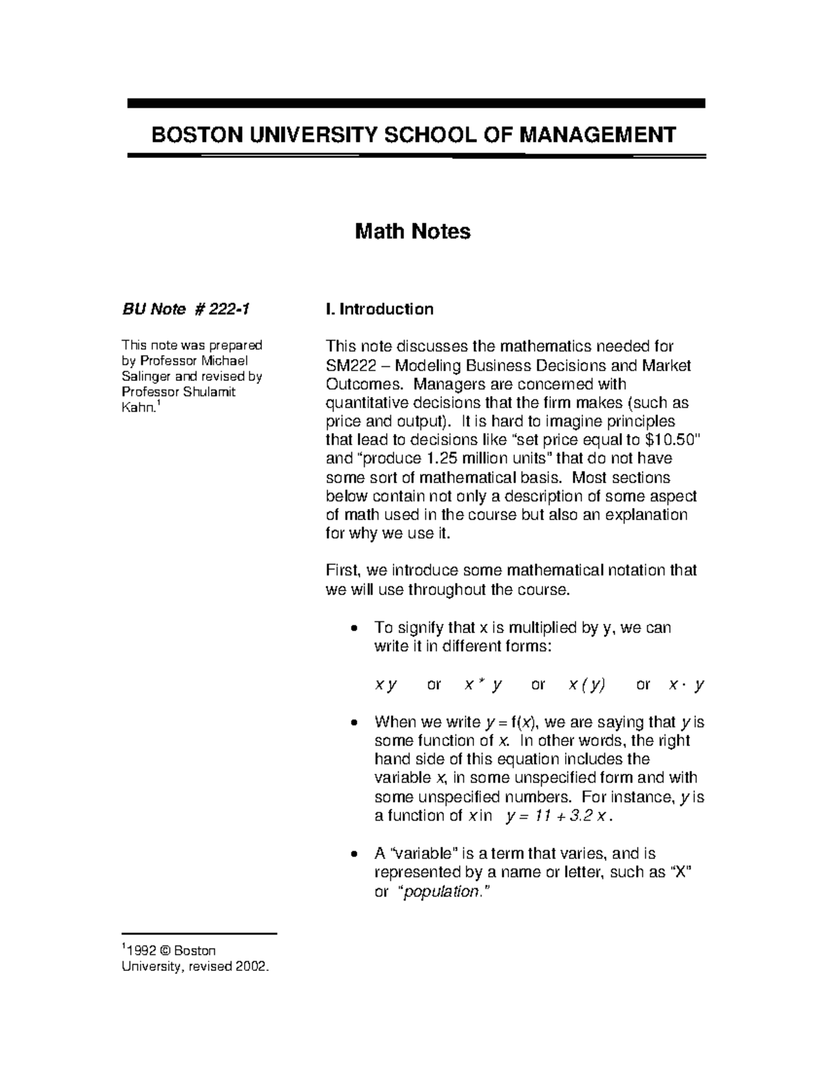 Math Notes - Note - BOSTON UNIVERSITY SCHOOL OF MANAGEMENT Math Notes ...