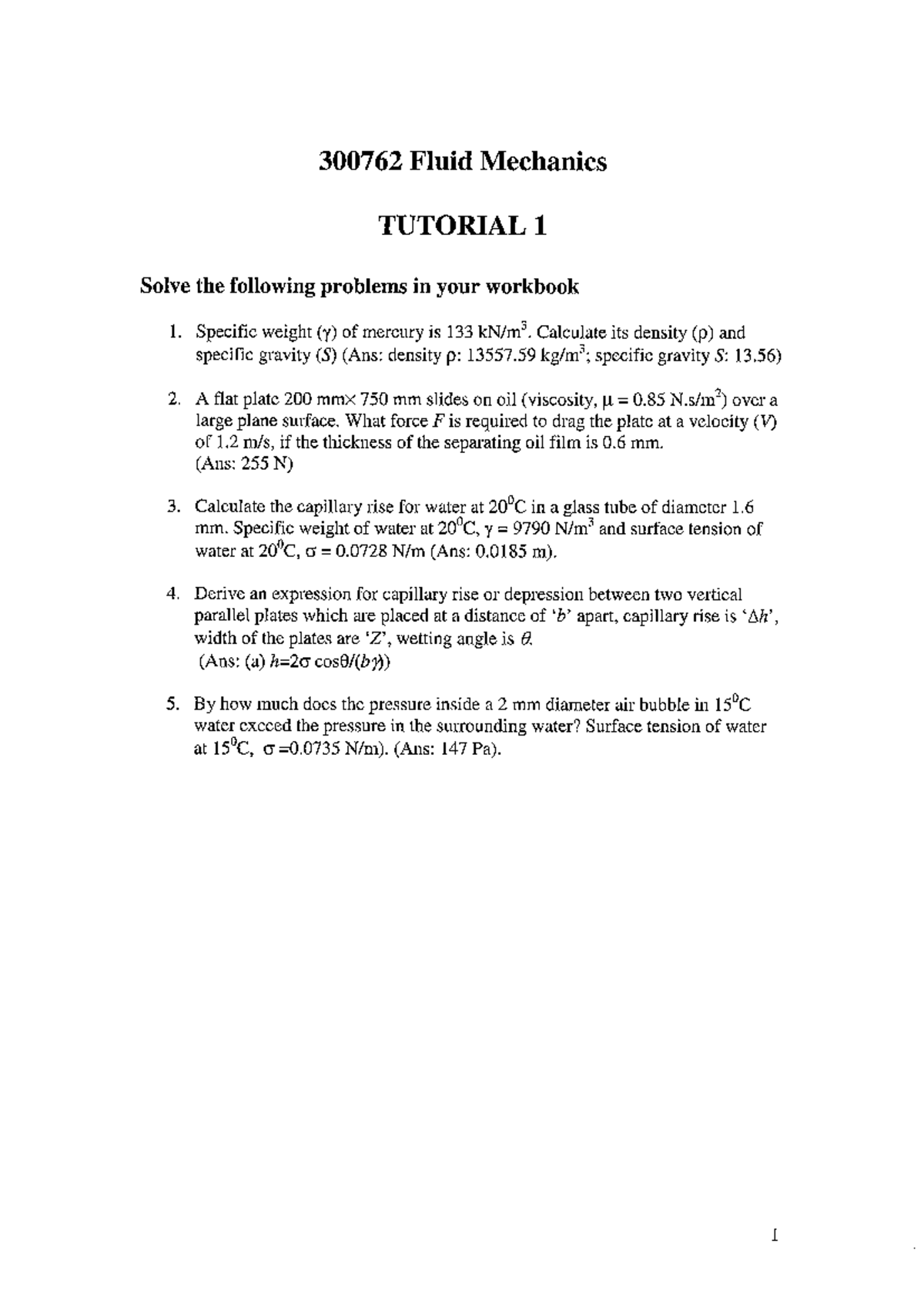 Tutorial 1 Fluid Mechanics solution - 300762 - Studocu