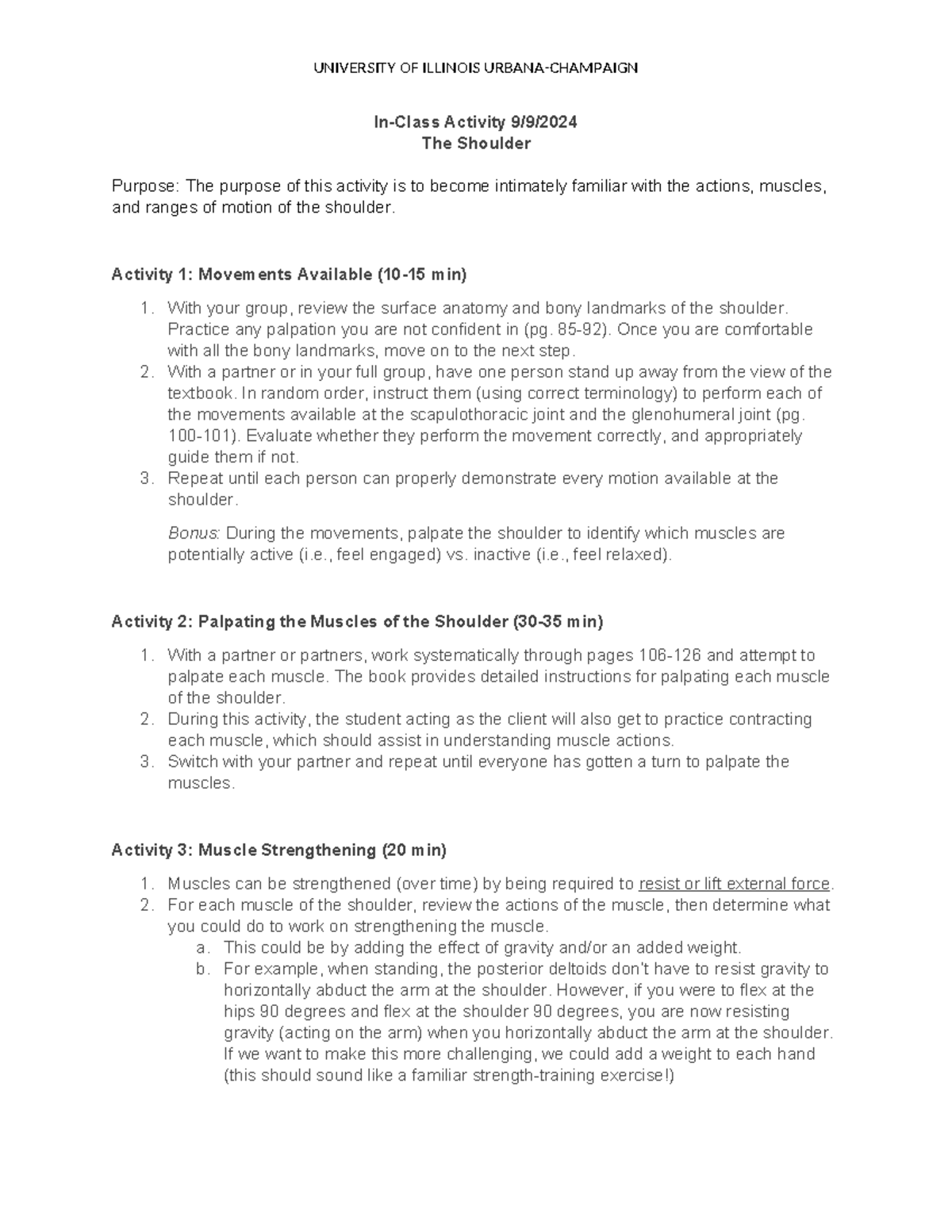 In-Class Activity The Shoulder - UNIVERSITY OF ILLINOIS URBANA ...