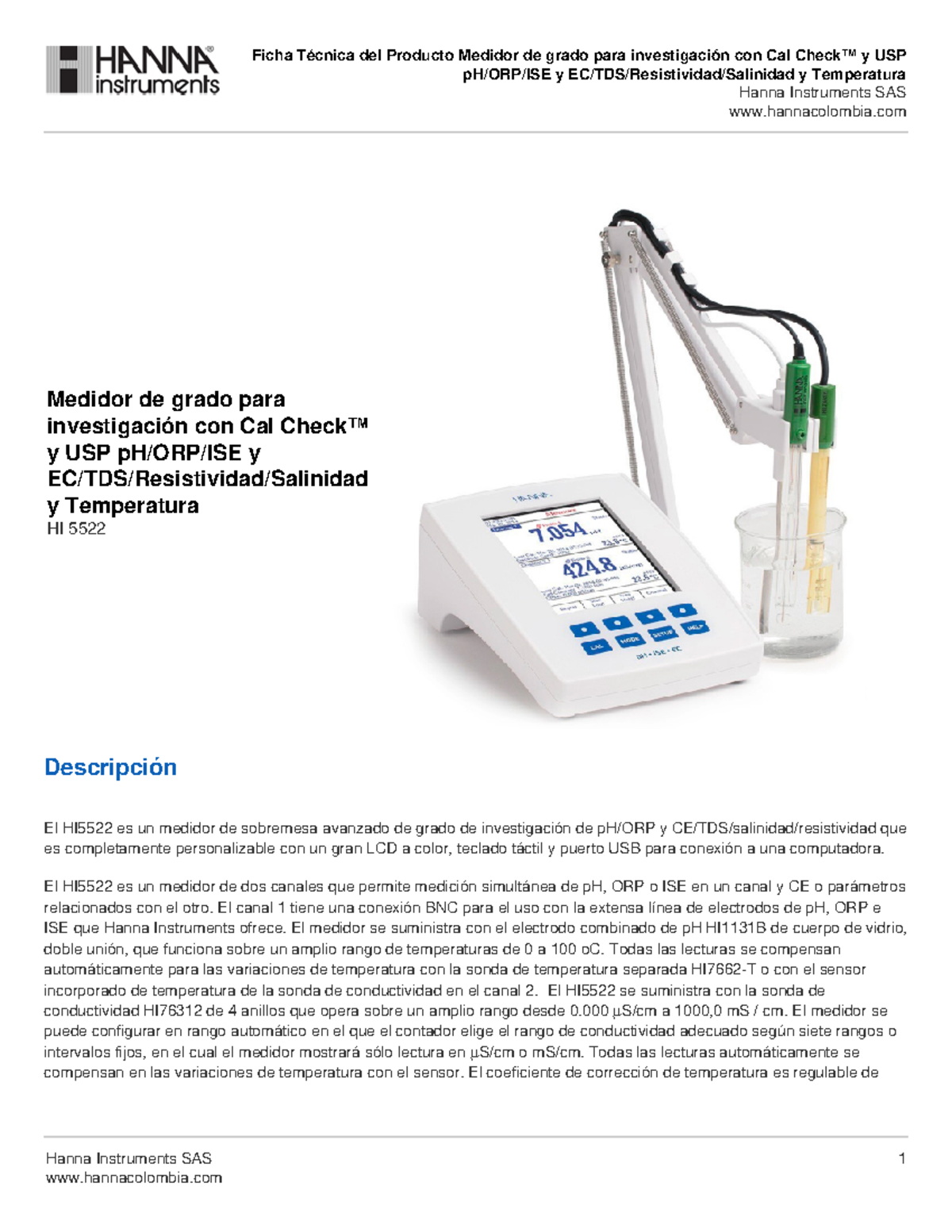 Ficha HI5522 - PROYECTOS, EQUIPOS ELECTROANALITICA - pH/ORP/ISE y EC ...