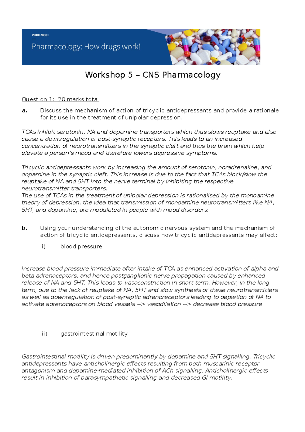 W5 - CNS pharmacology - Worksheet - 2022 - Workshop 5 – CNS ...