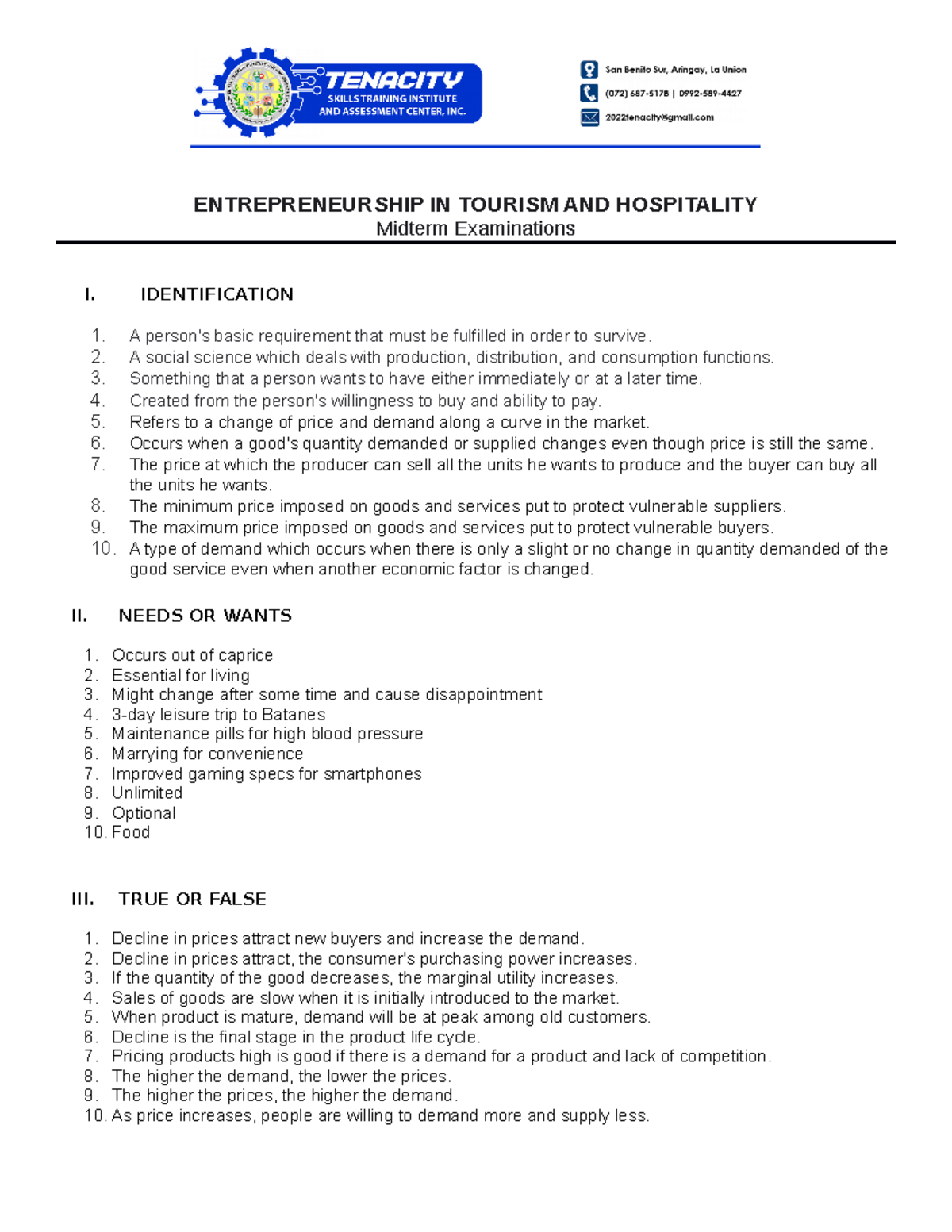 Entrep - exam for hospitality management subjects - ENTREPRENEURSHIP IN ...