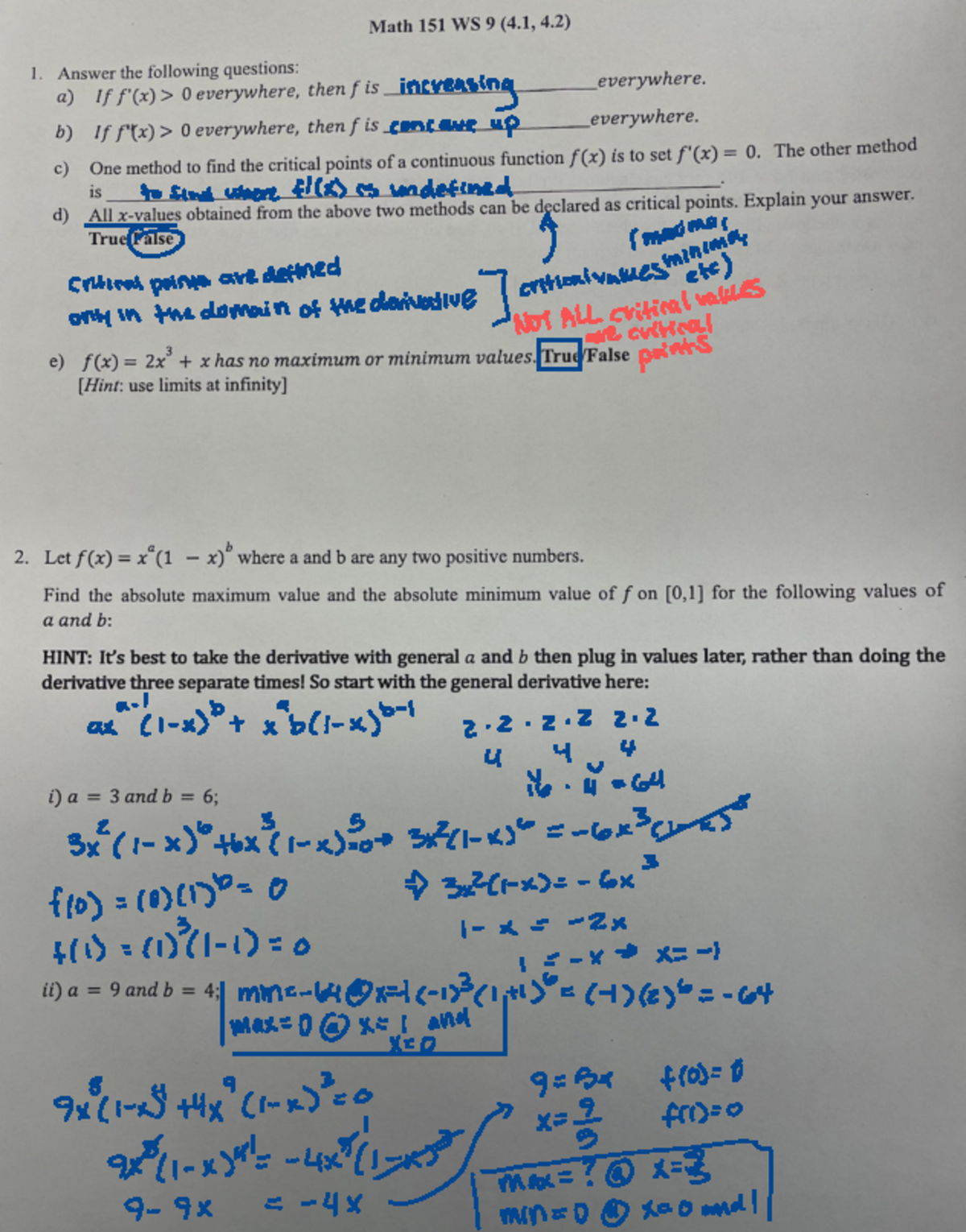 Workshop 9 -Calc 151 - This is a worksheet done during recitation. It ...