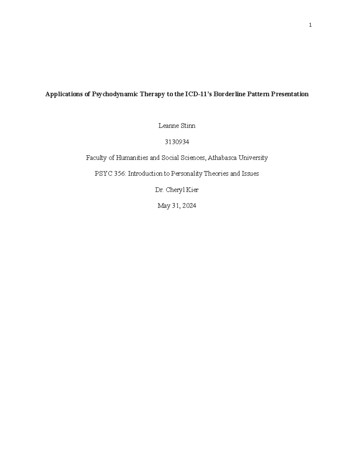 PSYC 356 - Challenge Research Paper - Leanne Stinn 3130934 ...