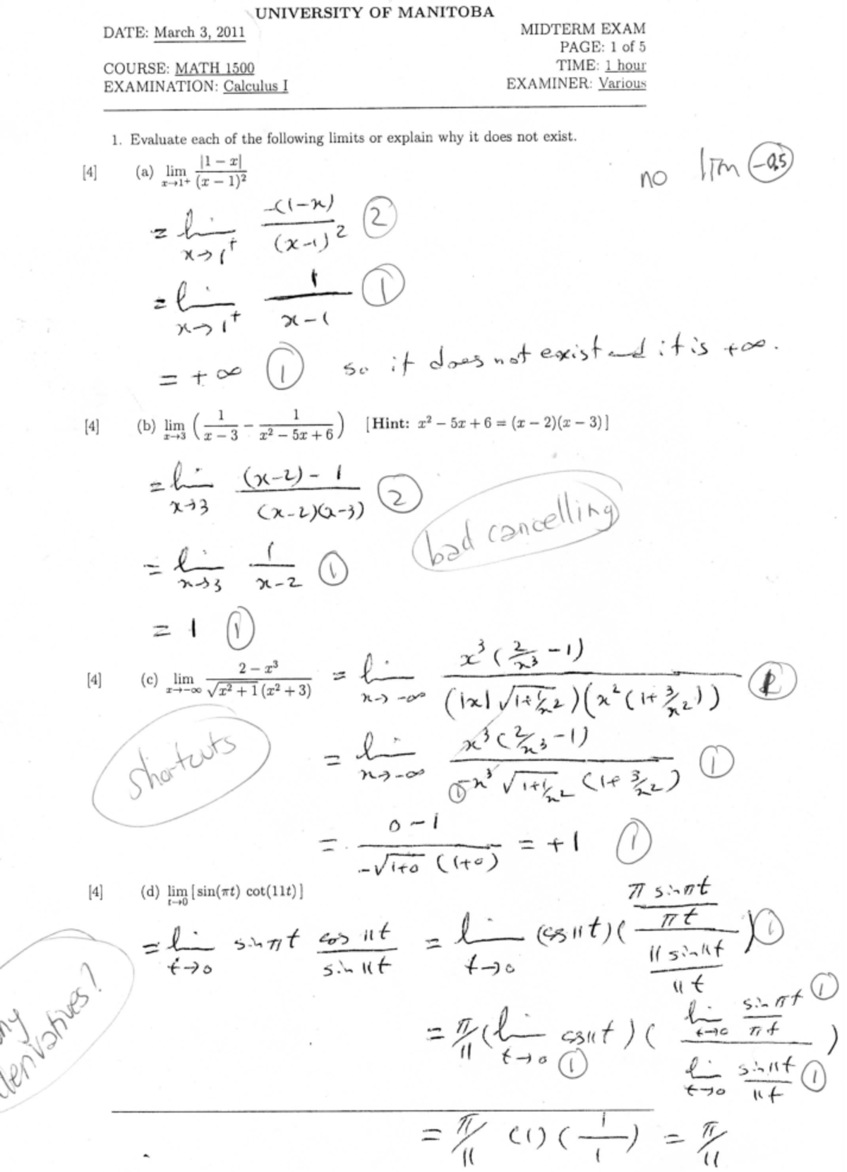 Practice Midterm w/ solutions - UNIVERSITY OF MANITOBA DATE: March 3 ...