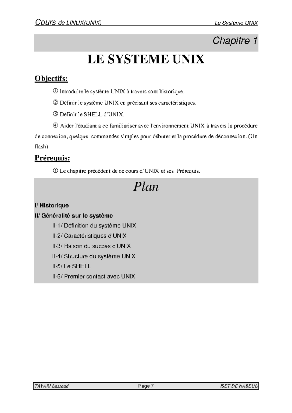 Le-systeme-unix - Notes de cours - Chapitre 1 LE SYSTEME UNIX Objectifs ...