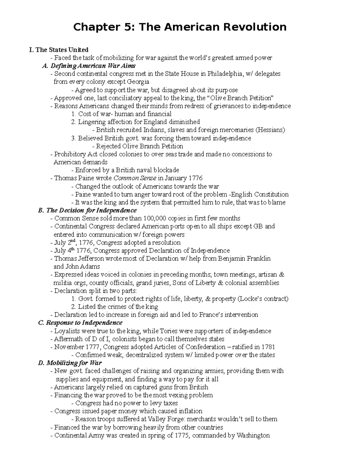 Ch - notes for class - Chapter 5: The American Revolution I. The States ...