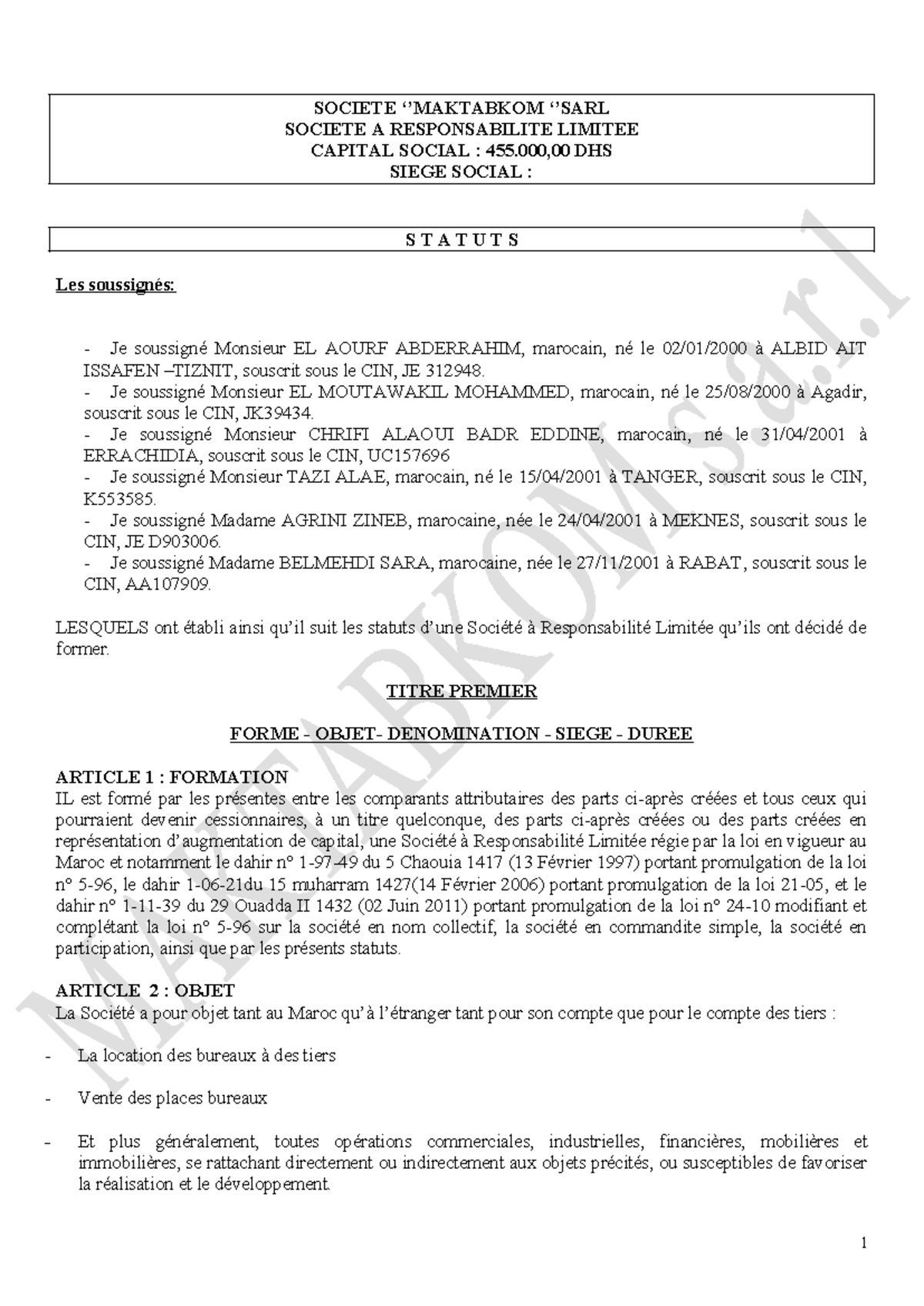 Modèle statut SARL - SOCIETE ‘’MAKTABKOM ‘’SARL SOCIETE A ...