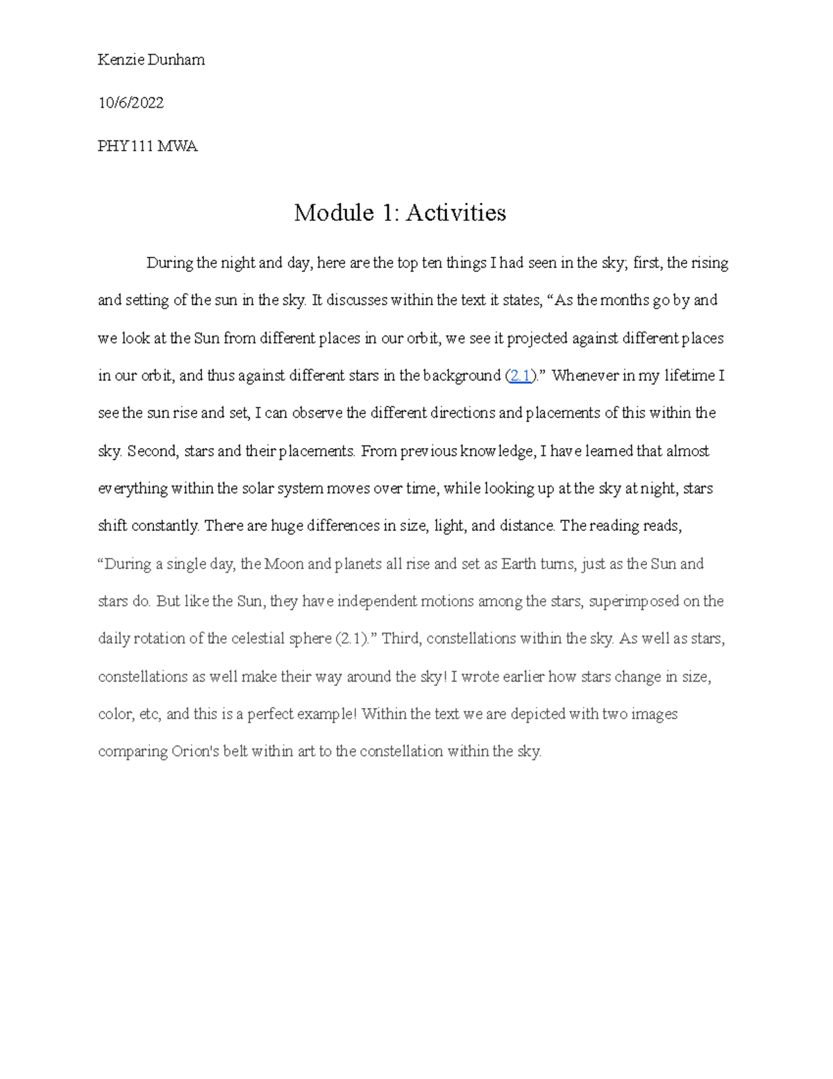 Module 1 Activities - Kenzie Dunham 10/6/ PHY111 MWA Module 1 ...