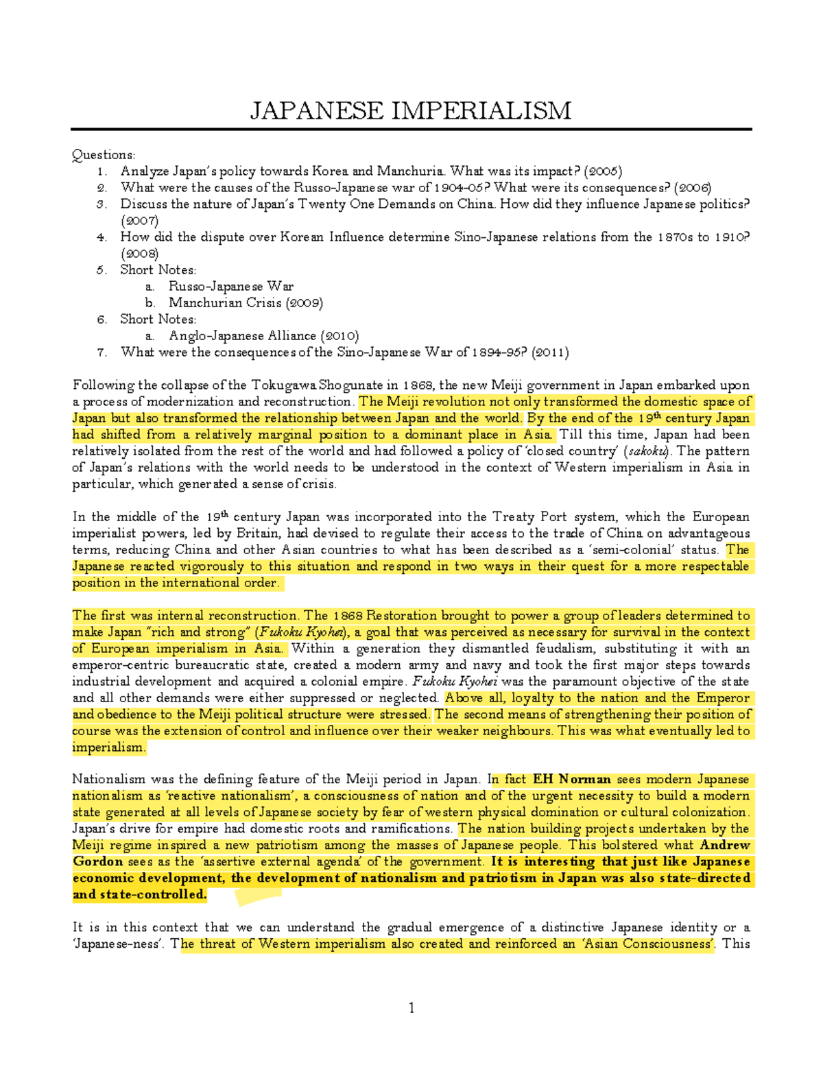 Japanese Imperialism Final (1) - JAPANESE IMPERIALISM Questions: 1 ...