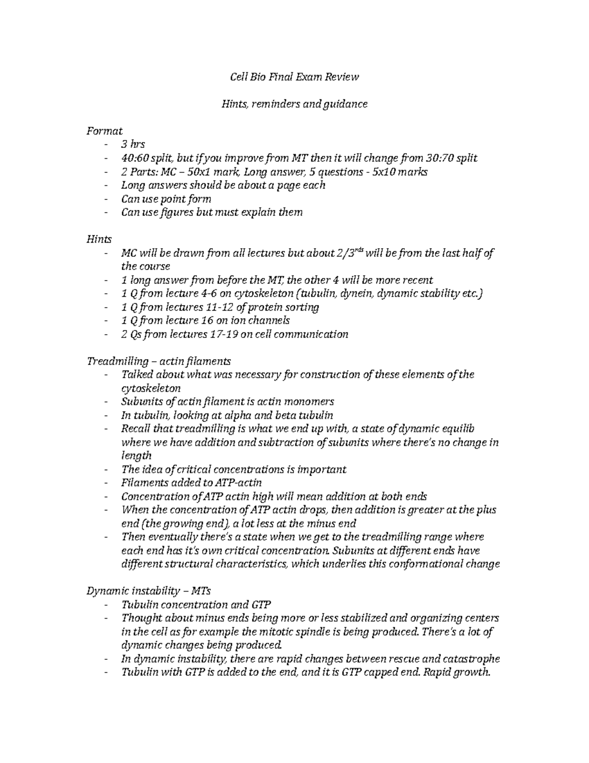Lecture notes, Cell Bio Exam Review - Cell Bio Final Exam Review Hints ...