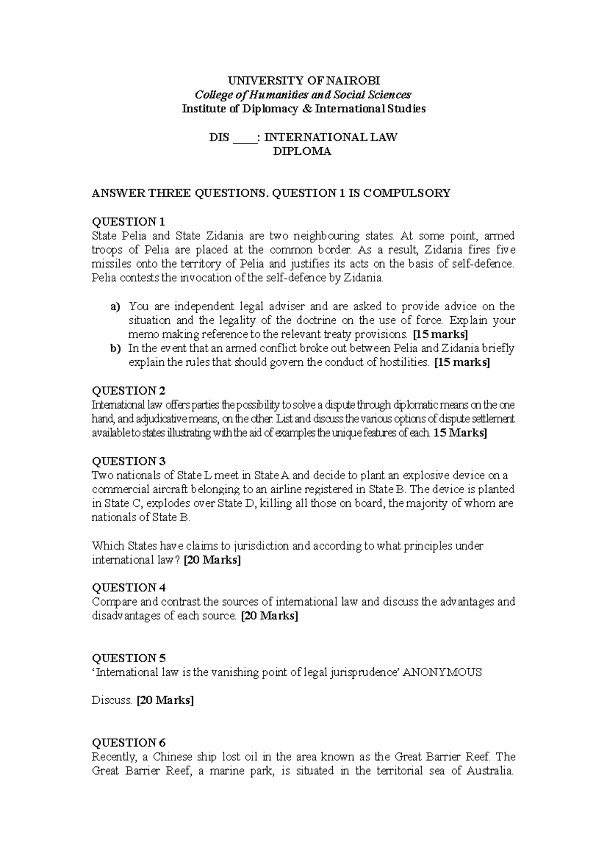 International Law Examination Questions - UNIVERSITY OF NAIROBI College ...