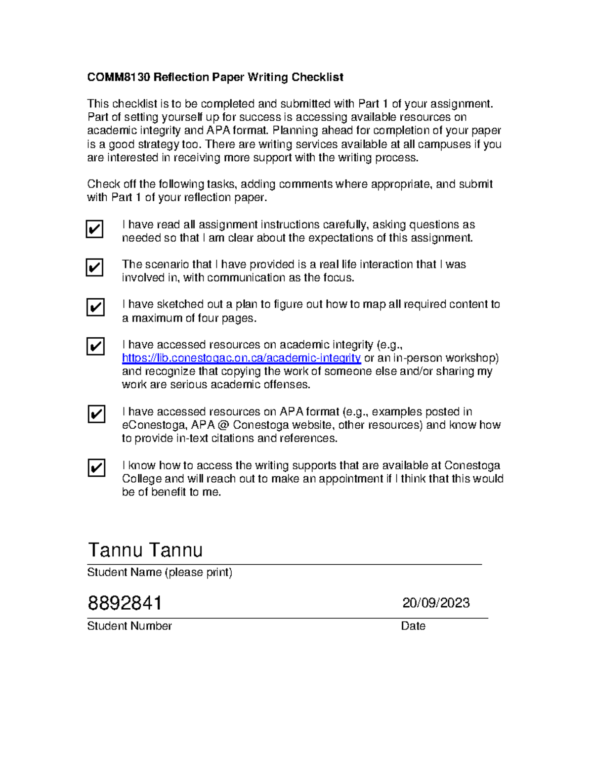 COMM8130 Reflection Paper Writing Checklist - Part of setting yourself ...