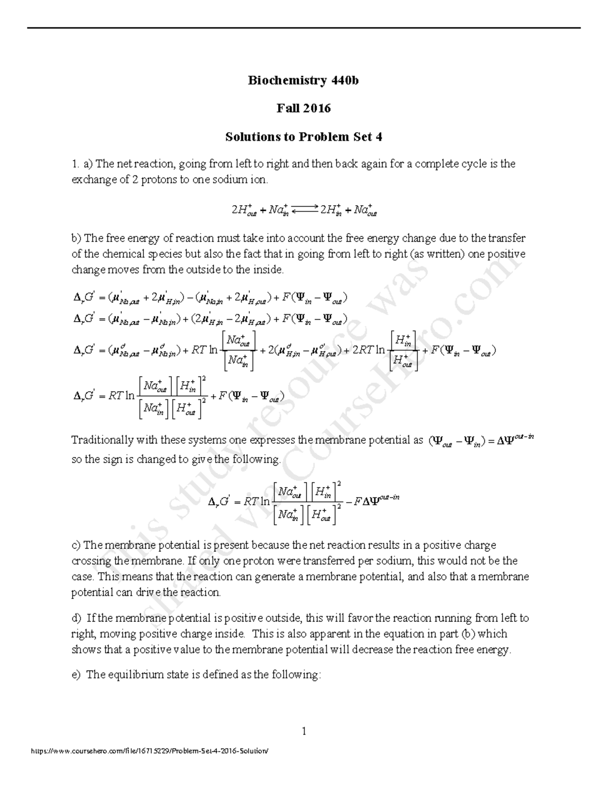 Problem Set 4 2016 Solution - 1 Biochemistry 440b Fall 201 6 Solutions ...