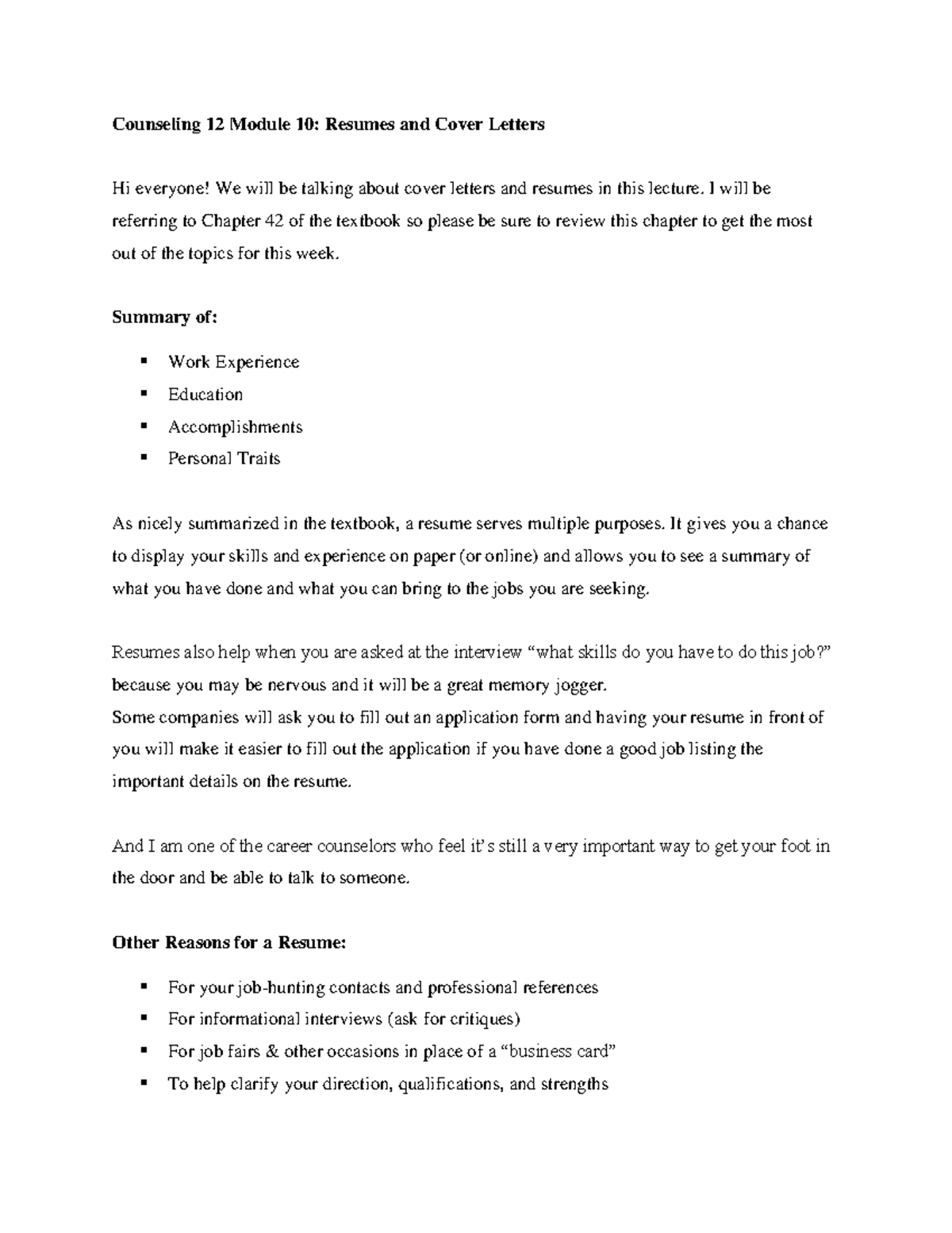 Couns 12 Module 10 - Resumes and Cover Letters - Counseling 12 Module ...