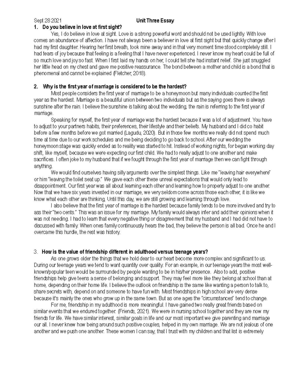 Unit Three Essay - Sept 28 2021 Unit Three Essay Do you believe in love ...