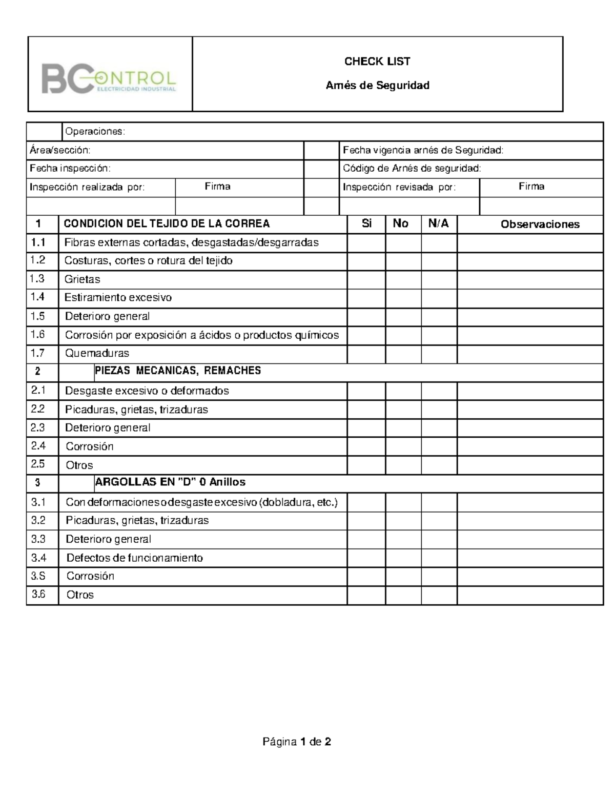 Check List Arnes de Seguridad 2.0 - CHECK LIST Arnés de Seguridad ...