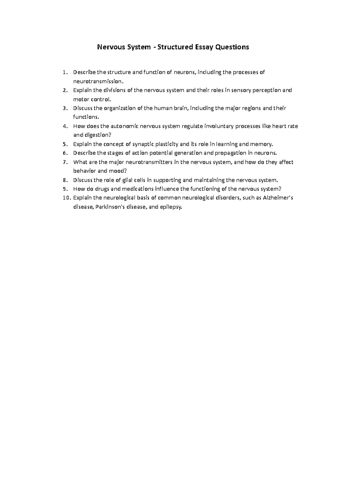 Nervous System SEQ - Assignment - Nervous System - Structured Essay ...