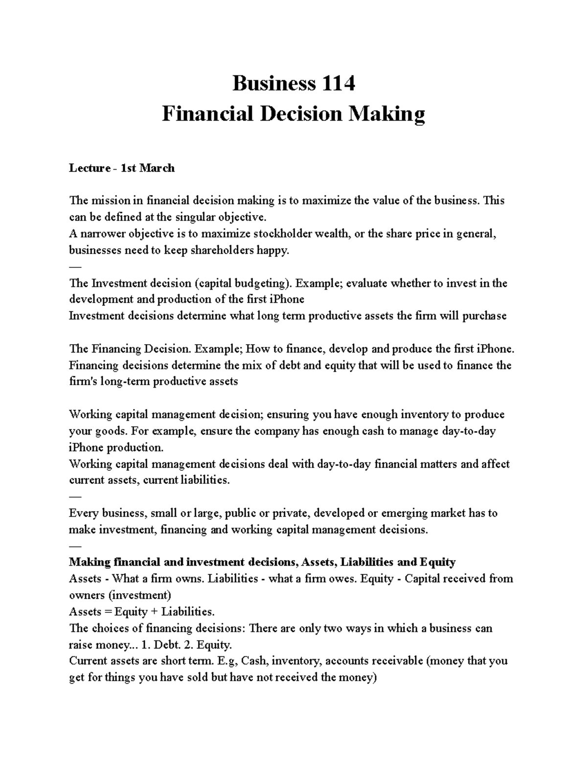 University Notes - BSNS114 - Business 114 Financial Decision Making ...