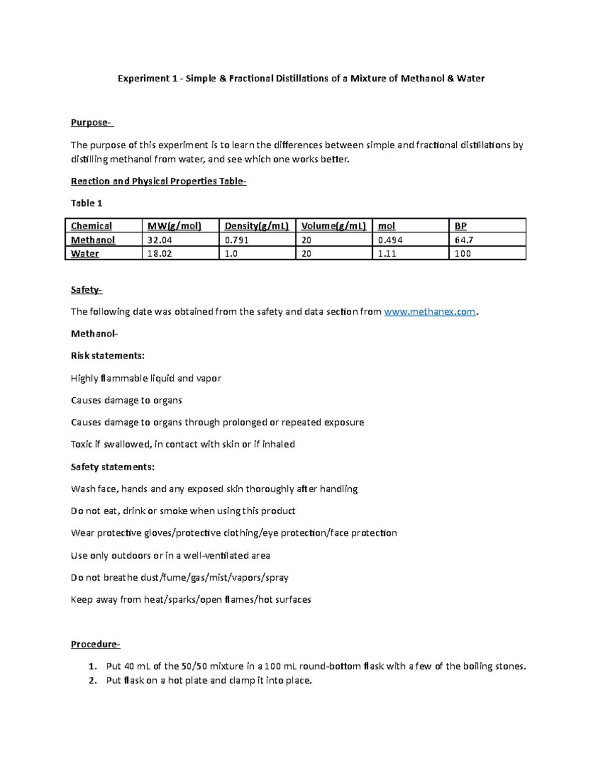 CHEM 3105 Lab 1 - lab report - Experiment 1 - Simple & Fractional ...