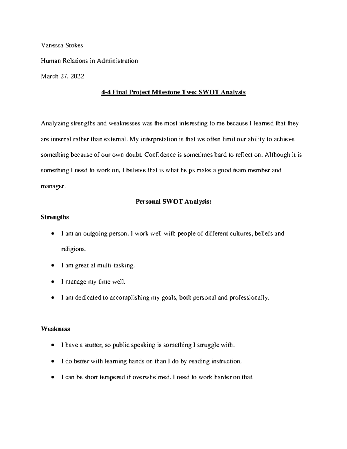 V. Stokes - SWOT Analysis - Vanessa Stokes Human Relations in ...