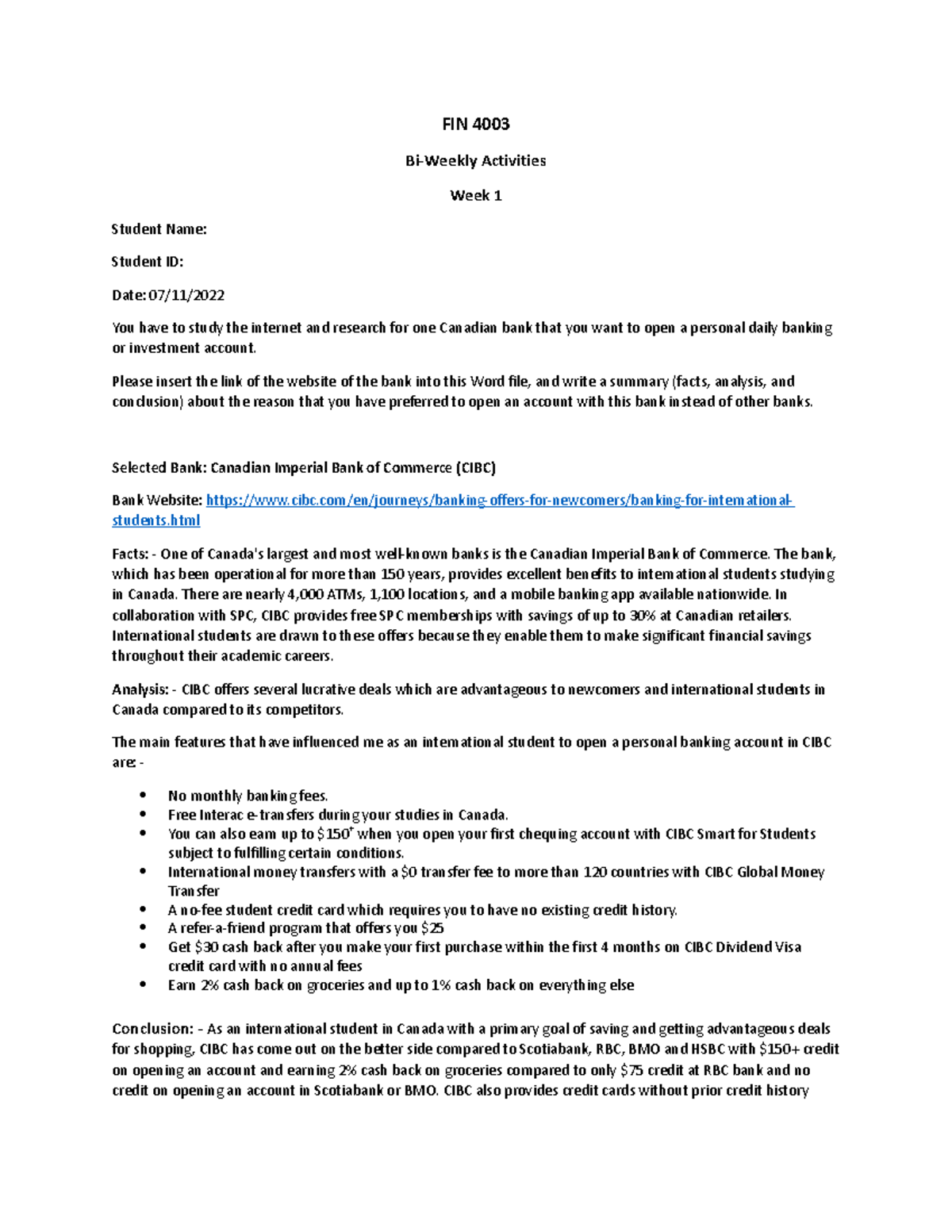 FIN 4003 Week 1 - 7 Weekly Assignments - FIN 4003 Bi-Weekly Activities ...