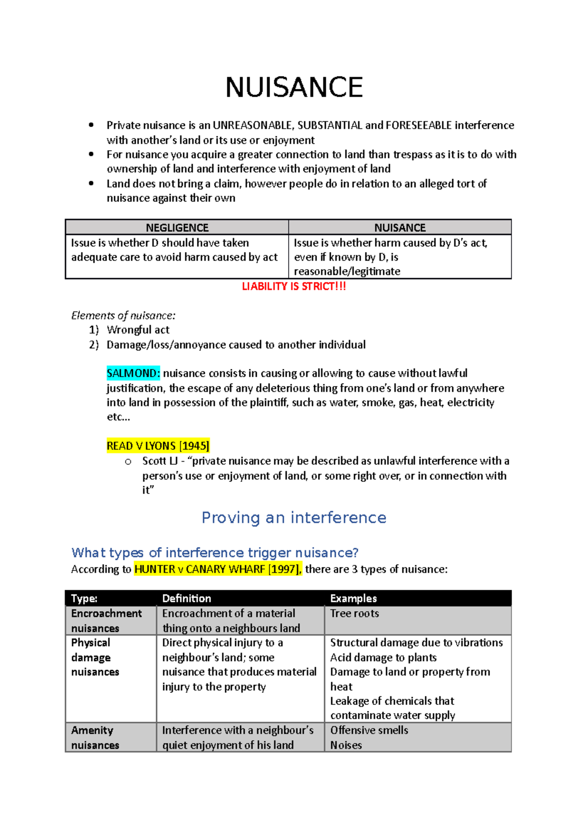 Revision - NUISANCE Private nuisance is an UNREASONABLE, SUBSTANTIAL ...