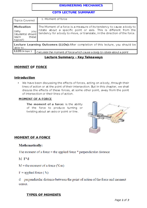 Engineering mechanics - ENGINEERING MECHANICS LECTURE SUMMARY CDT ...