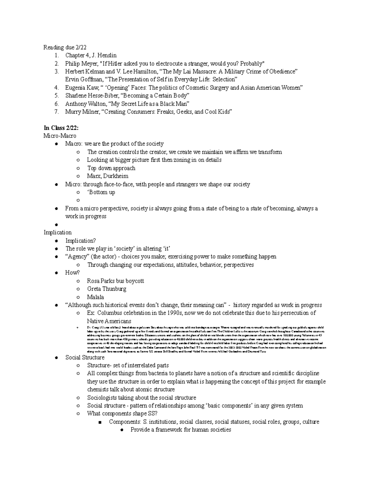 Sociology Unit 2 - Reading due 2/ 1. Chapter 4, J. Henslin 2. Philip ...