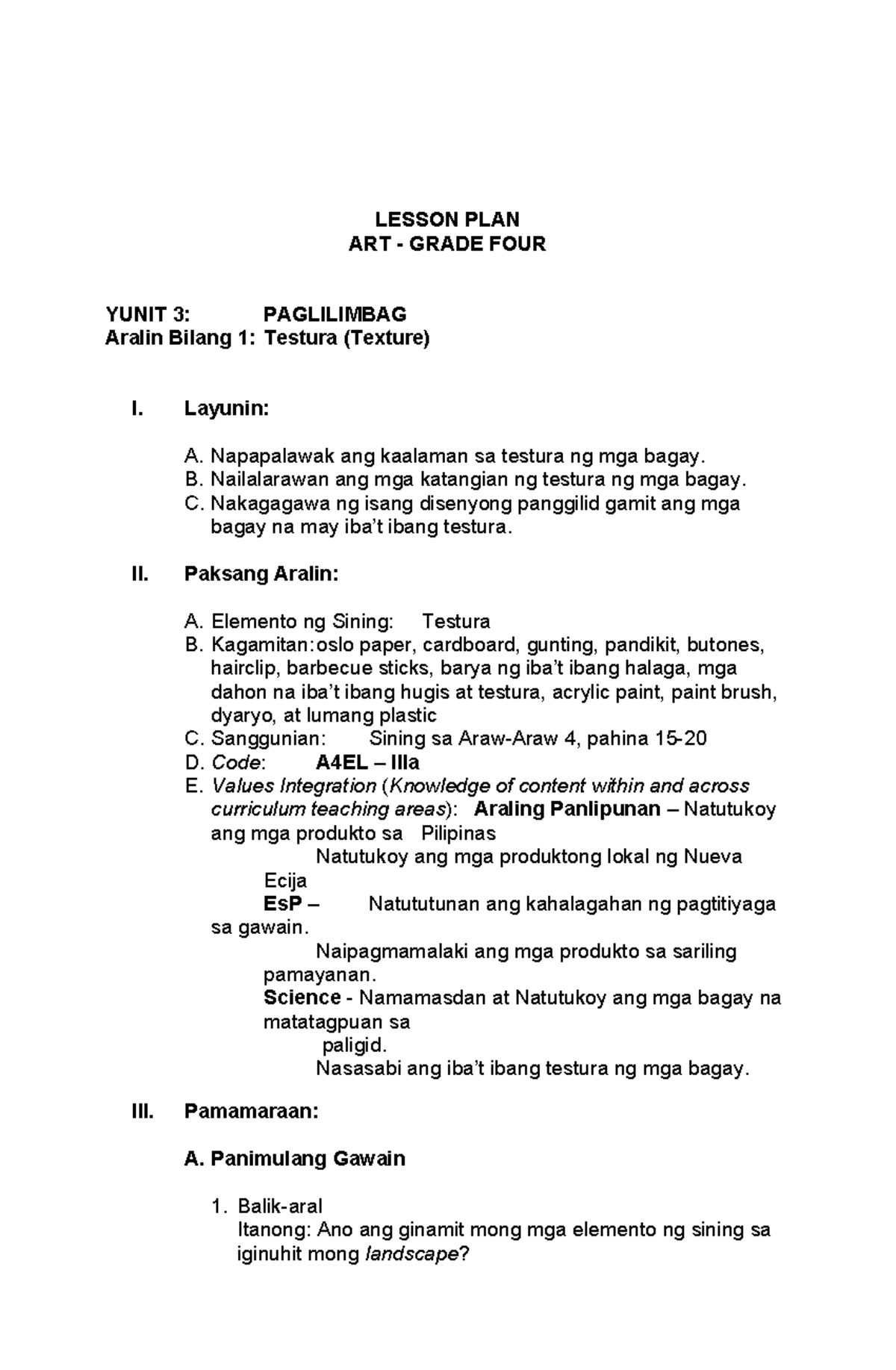 DLP ART 4 - LESSON PLAN ART - GRADE FOUR YUNIT 3: PAGLILIMBAG Aralin ...