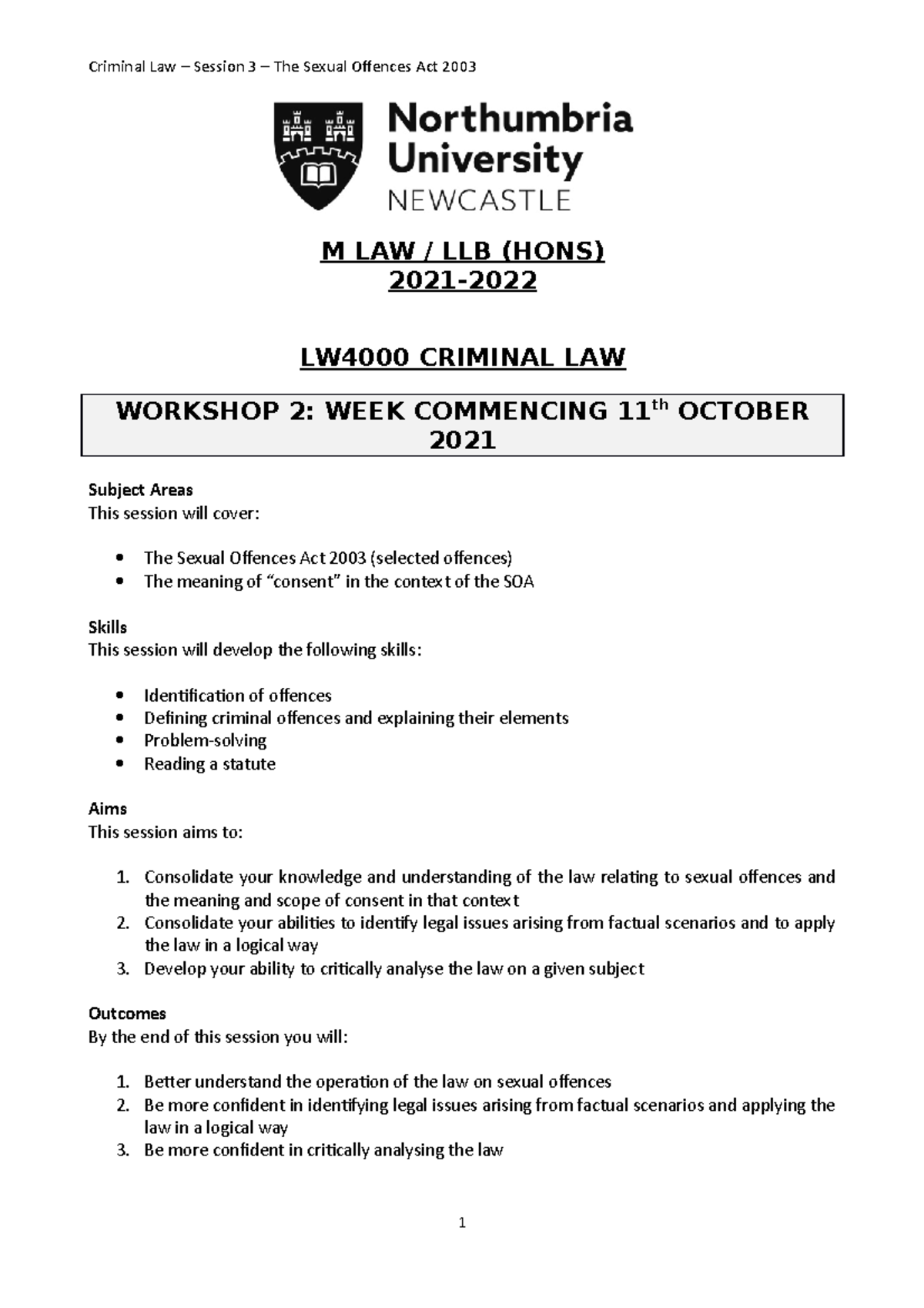 Week 3 - Workshop 2 - class notes - criminal - M LAW / LLB (HONS) 2021 ...