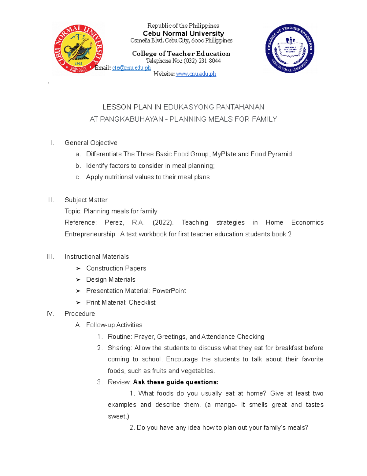EPP Lesson Plan Planning Meals For The Family Group 1 Republic Of 