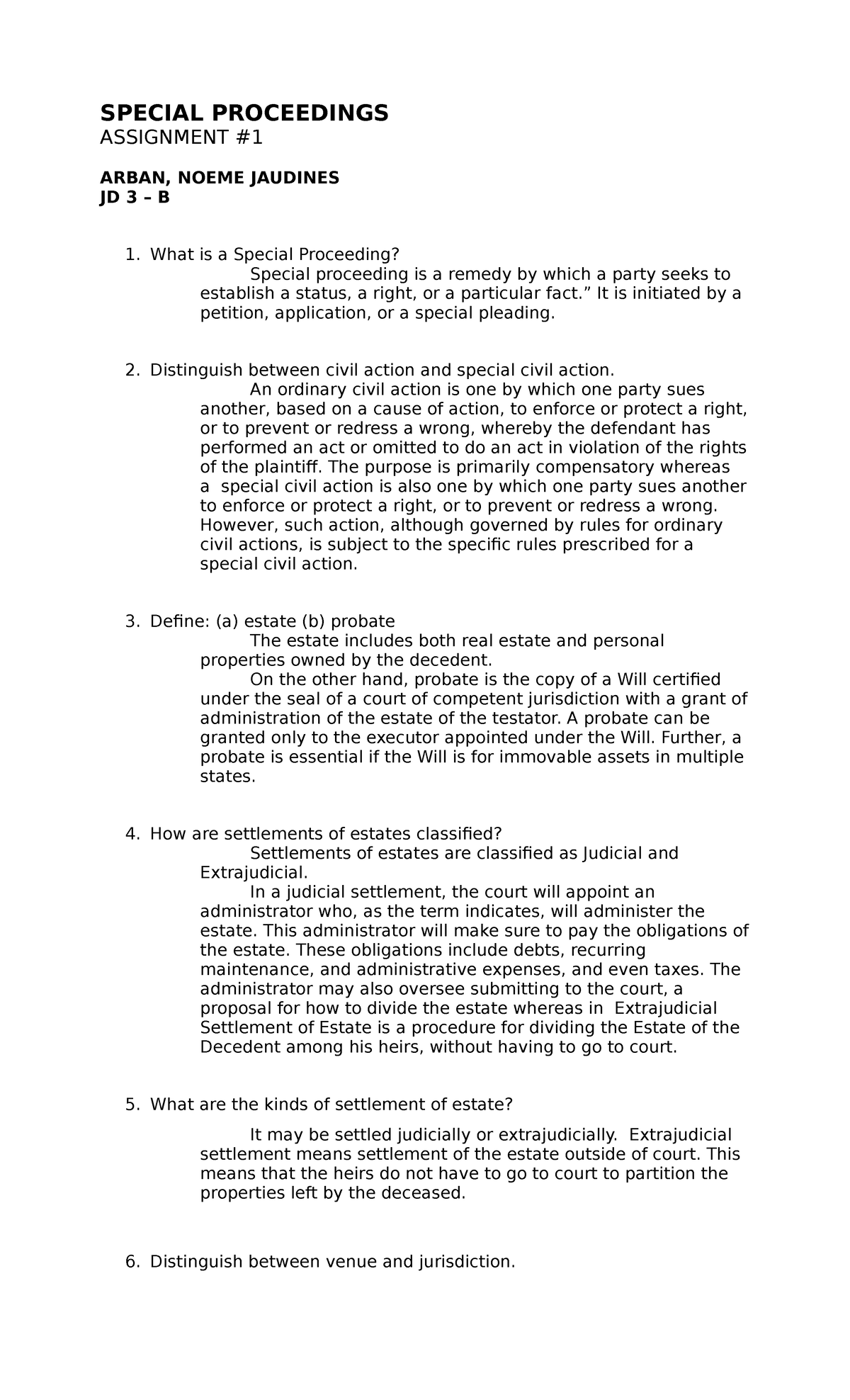 Special Proceedings - Assignment 1 - SPECIAL PROCEEDINGS ASSIGNMENT ...