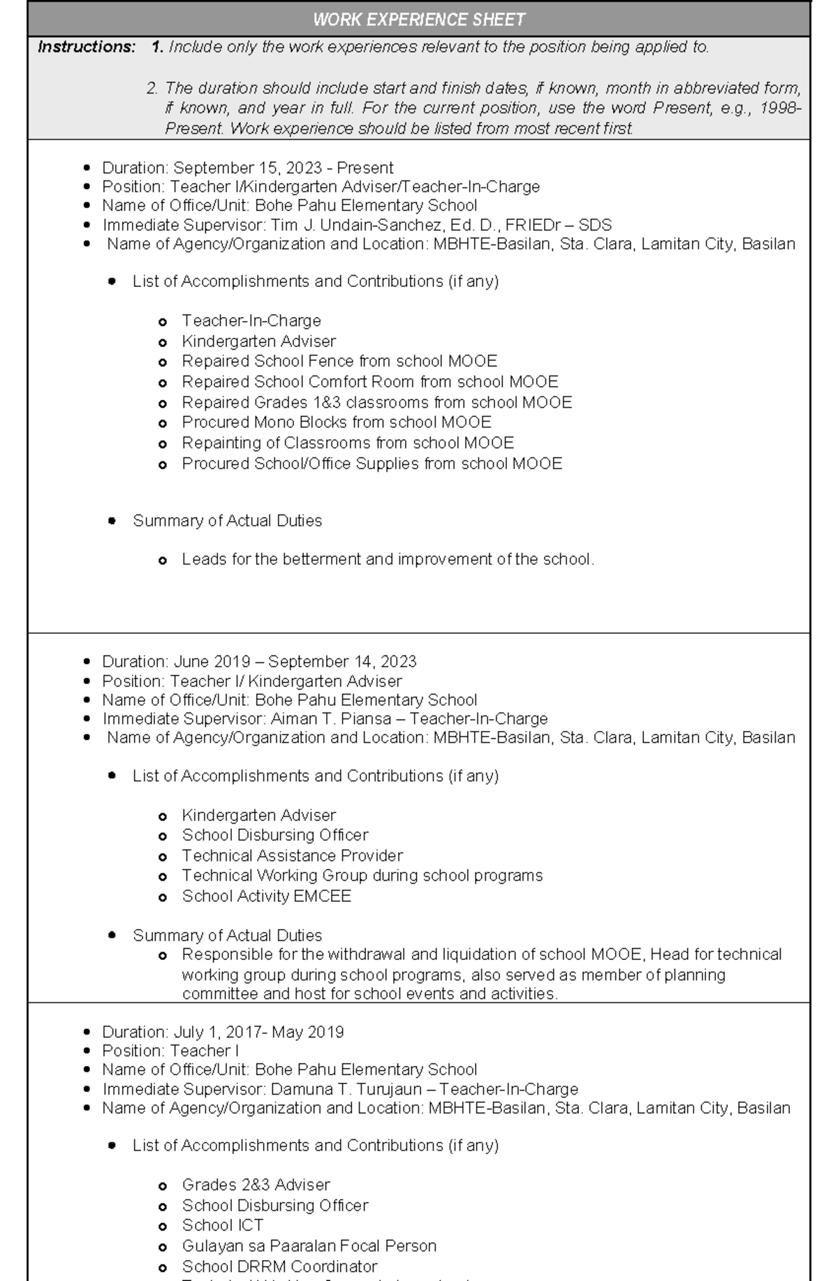 Work Experience Sheet Sample - WORK EXPERIENCE SHEET Instructions: 1 ...