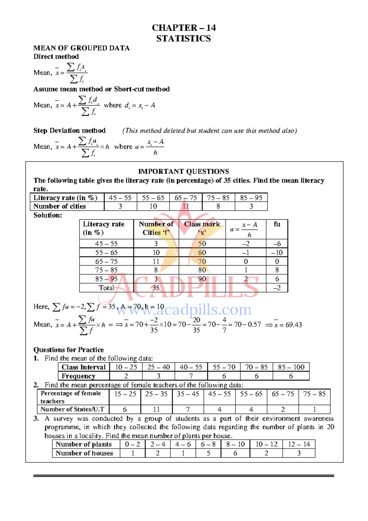 Statistics Most important questions - CHAPTER – 14 STATISTICS MEAN OF ...