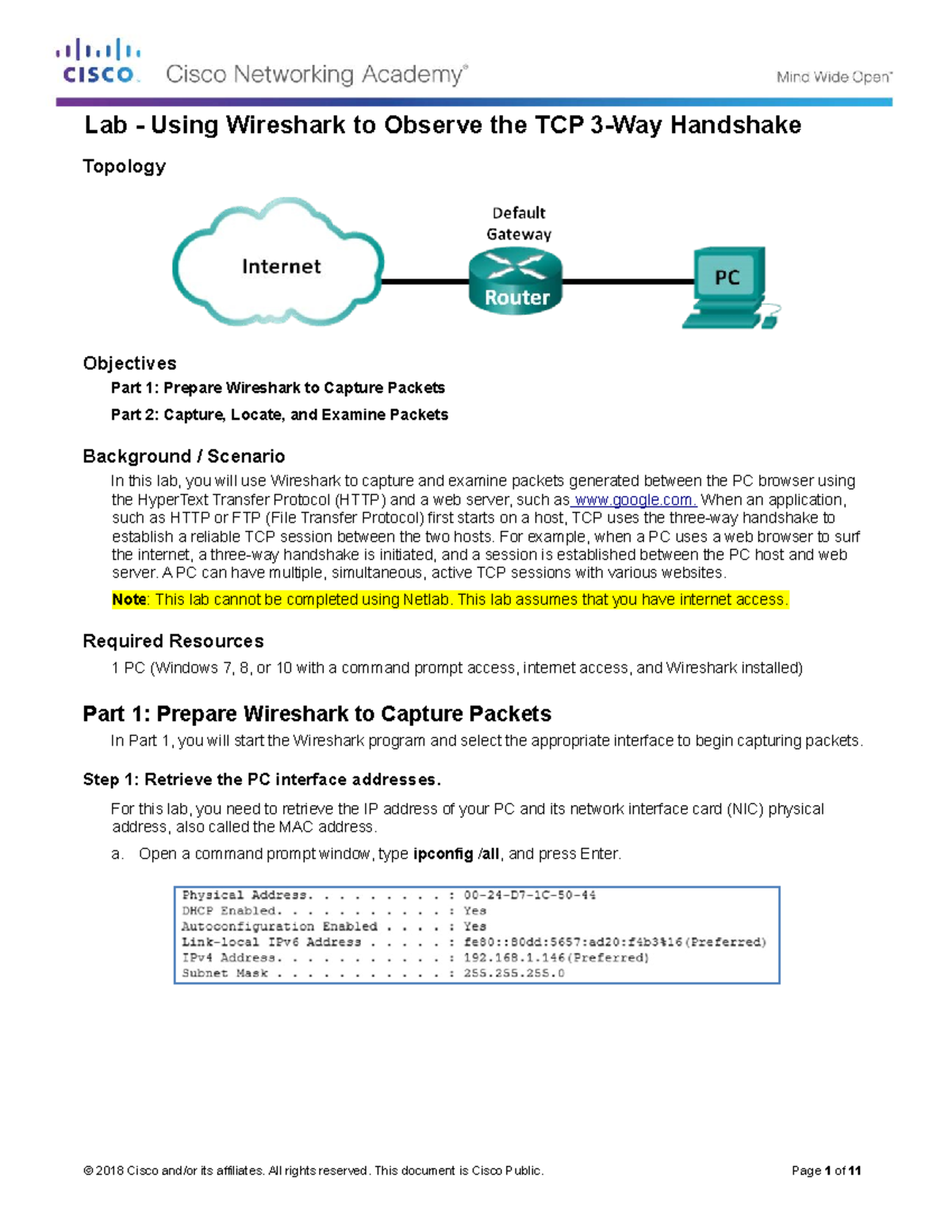 9216 Lab Using Wireshark To Observe The Tcp 3 Way Handshake Topology Objectives Part 1