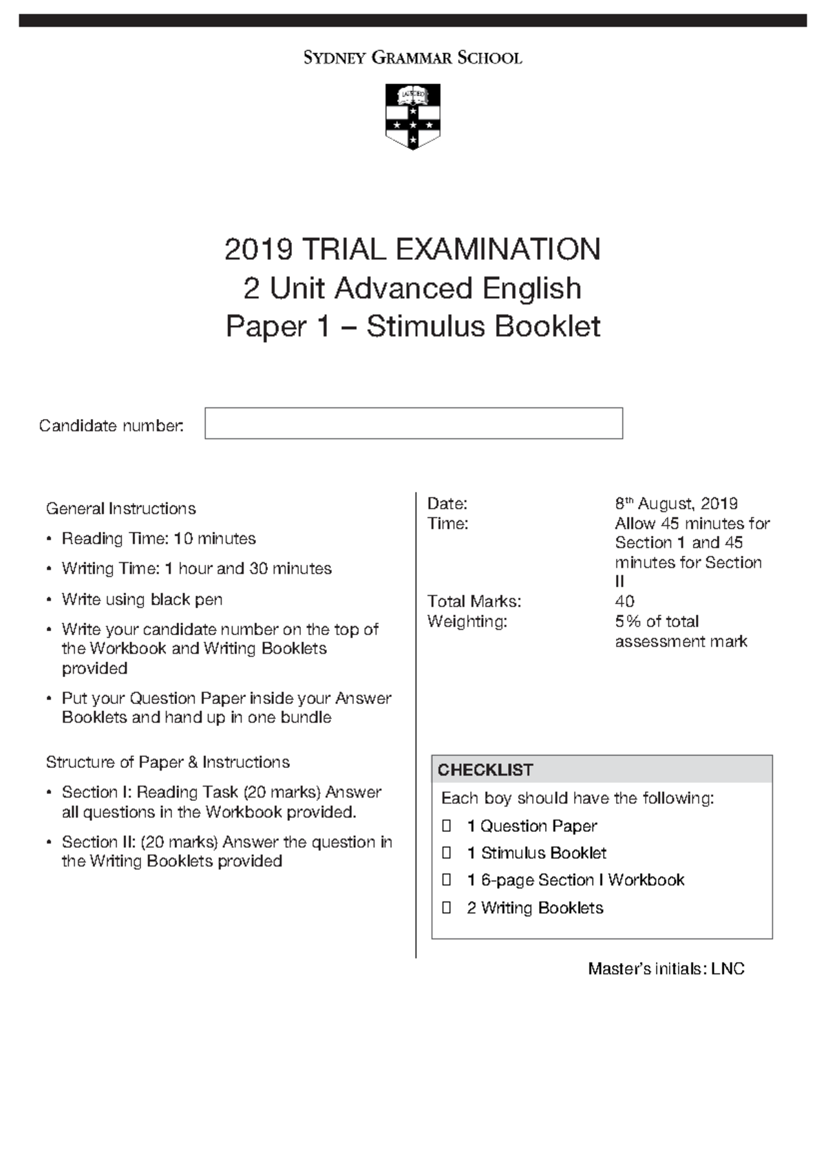 Grammar Advanced Trial Examination Paper One Stimulus Booklet 2019 (1 ...